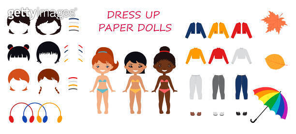 Dress up paper dolls. Set of cute chibi girls characters. Flat cartoon ...