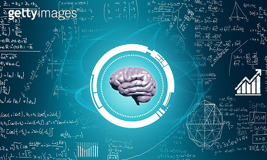 Human brain on blue background with math formulas . Artificial ...