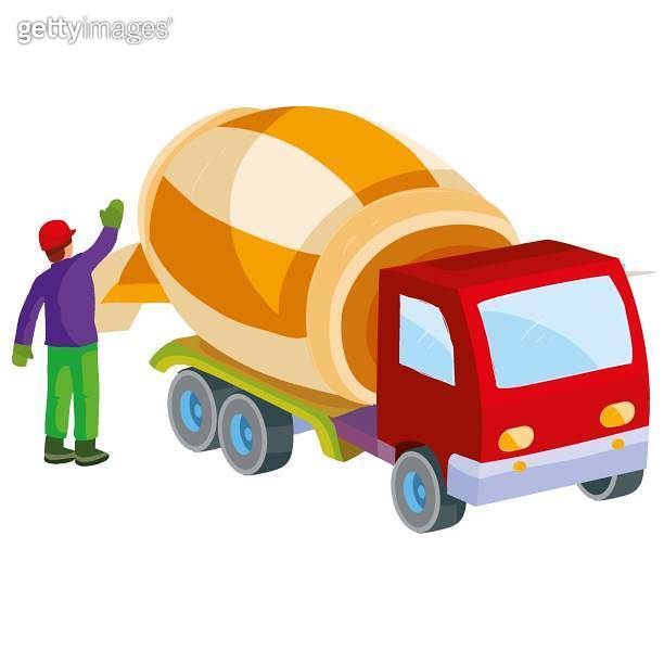 construction worker helping a concrete mixer to pour out prepared ...
