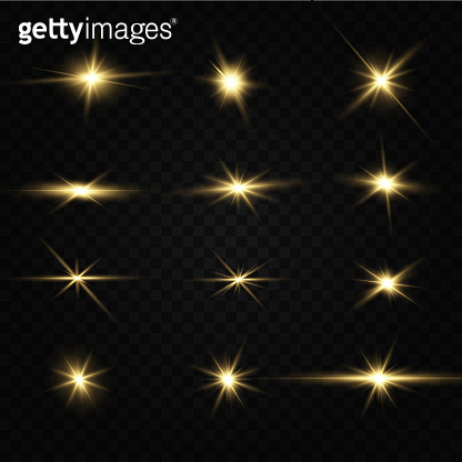 Shining golden stars isolated on black background. Effects, glare, lines, glitter, explosion ...