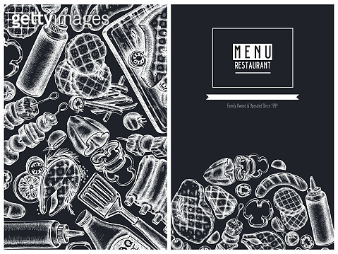 Menu cover design with chalk spatula, Pork ribs, kebab, sausages, steak ...