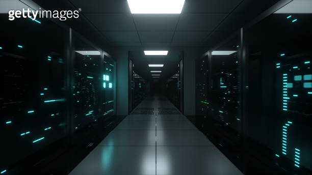 Endless flight along server blocks. Data center and internet. Server ...