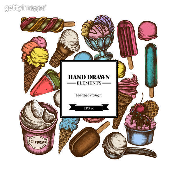Square design with colored ice cream bowls, ice cream bucket, popsicle ...