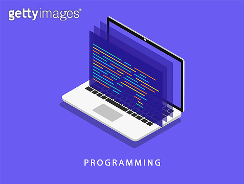 Programming on a laptop in isometry. Software development. Coding. Vector illustration. 이미지 ...