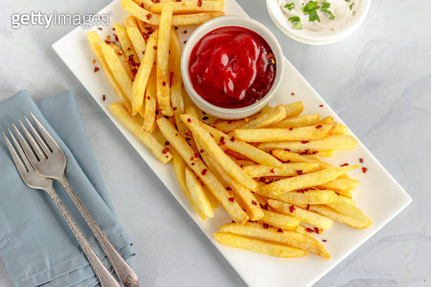 French Fries on a Platter with Tomato Ketchup and Mayonnaise Directly ...