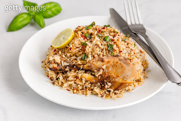 Onepot Mediterranean Chicken Rice with Fresh Basil on White Background ...