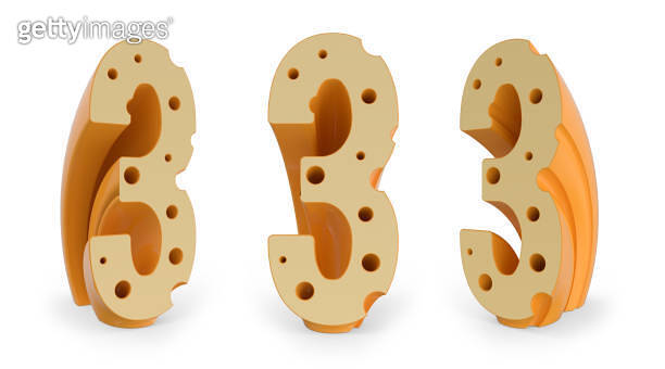 Number 3. Digital sign. Set of three view points on white. 3D 이미지 ...