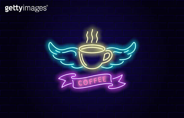 Colored neon illustration coffee cup, wings, ribbon with text on a ...