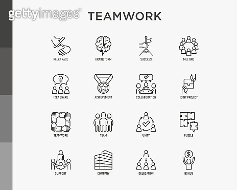 Teamwork thin line icons set: relay race, brainstorm, success, meeting ...