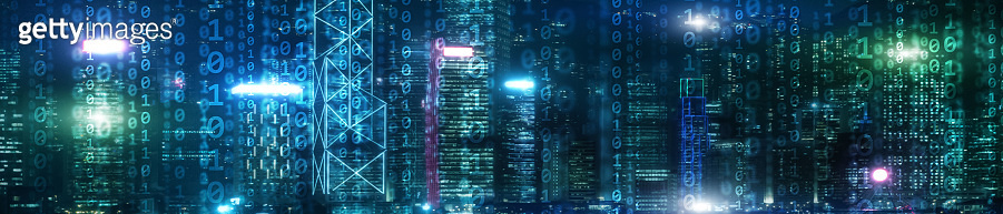 Binary computer code virtual city skyline. Matrix Mixed Media ...