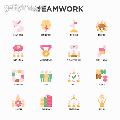 Teamwork flat icons set: relay race, brainstorm, success, meeting, idea ...