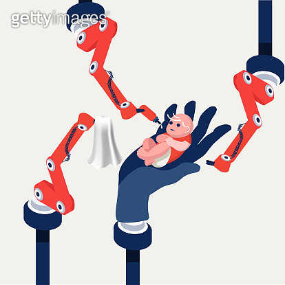 illustration vector of robot holding a baby and feeding milk,concept of ...