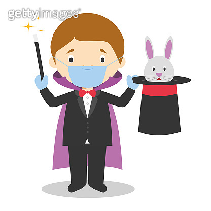 Cute cartoon vector illustration of a magician with surgical mask and ...
