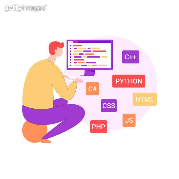 Programmer working on computer, study of programming languages vector illustration (1220126368 ...