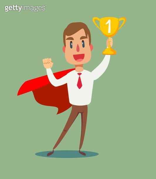 Businessman in a red cloak holding winner cup. Superhero of business ...