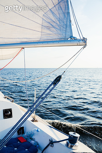Sloop rigged yacht sailing in an open Baltic sea on a clear day. Close ...