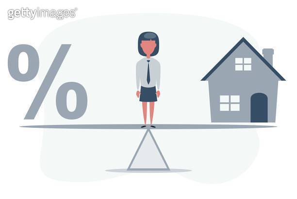 Percentage symbol icon and house scale in equal position. financial ...