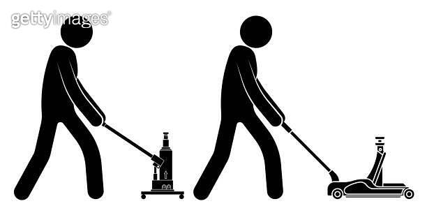 stick figure, workshop mechanic rolls a mechanical manual car jack ...