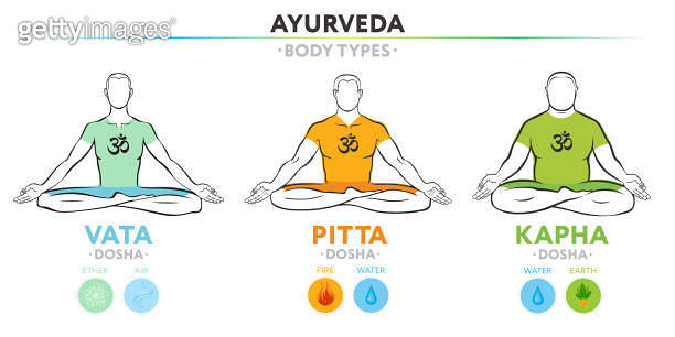 Vata, pitta, and kapha doshas. Ectomorph, mesomorph and endomorph ...