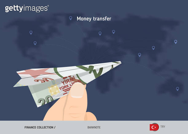 Money transfer around the world. 20 Turkish Lira paper plane. Flat ...