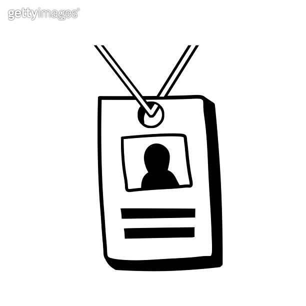 Badge. ID card with photo. Doodle ID and personal information on rope ...