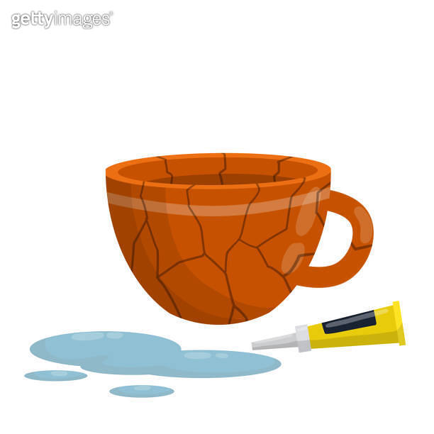 Glued broken Cup. Glue and puddle of water. Repair of red dishes. 이미지 ...