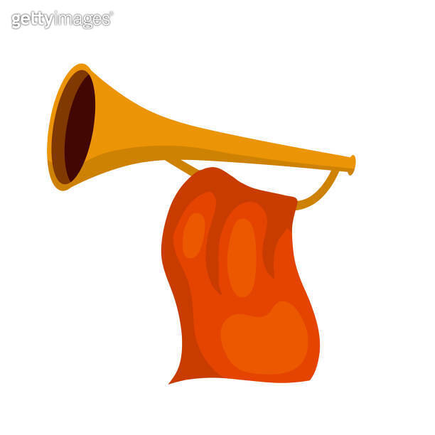 Trumpet. Musical instrument. Golden horn with flag. Solemn event. 이미지 ...
