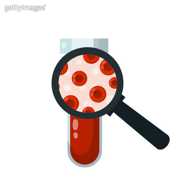 Flask with blood. Medical test. Microorganisms under microscope. 이미지 ...