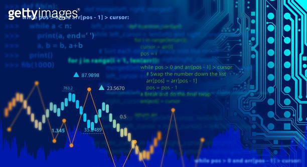 Computer source code and stock graph chart on monitor screen. Modern ...