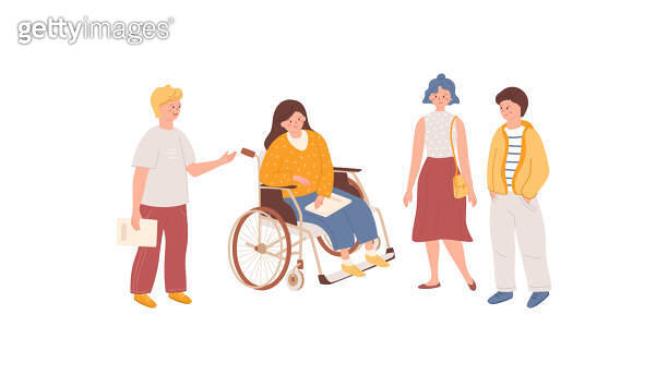 Students are talking to each other. Disabled girl in a wheelchair with ...