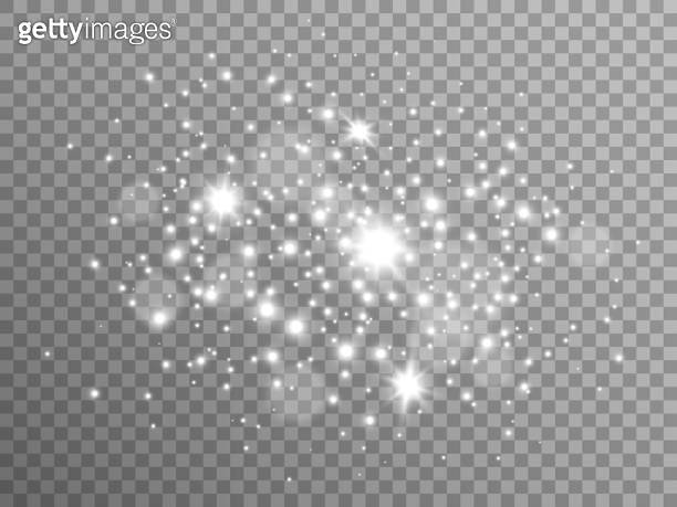 White stars and sparks on transparent backdrop. Silver particles with ...