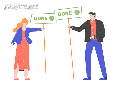 Man and woman holding signs done. Completed task and good job. Vector ...