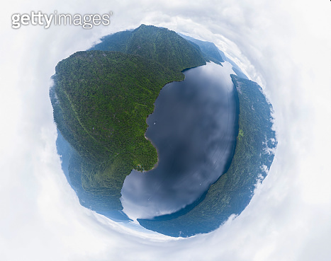 360 degree panoramic aerial drone view of planet earth in the form of a ...