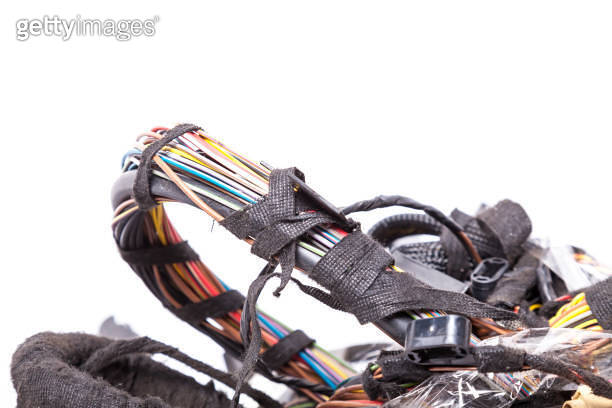 Twisted wires of different colors size and type rewound with black ...