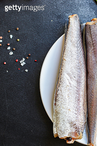 hake raw fish cut seafood ingredient top view place for text copy space ...