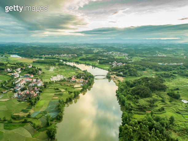 Overlooking the rural green countryside and river, Shaoyang, Hunan ...