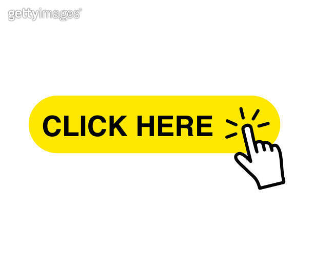 Yellow Click here button with hand pointer clicking icon bubble. Click ...