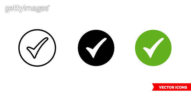 Tick symbol icon of 3 types color, black and white, outline. Isolated ...