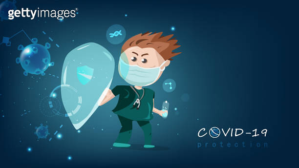 Doctor character holding the shield fighting with virus infection ...