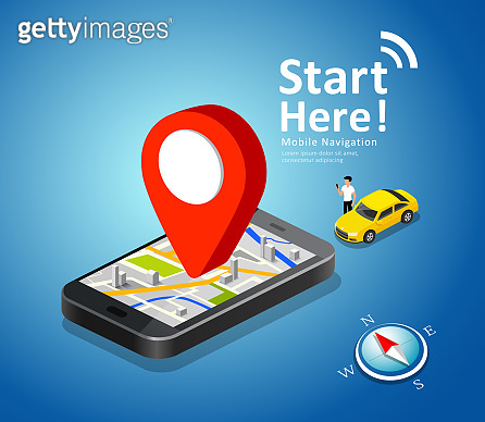 Folded maps, car navigation on mobile phone vector, with red color ...