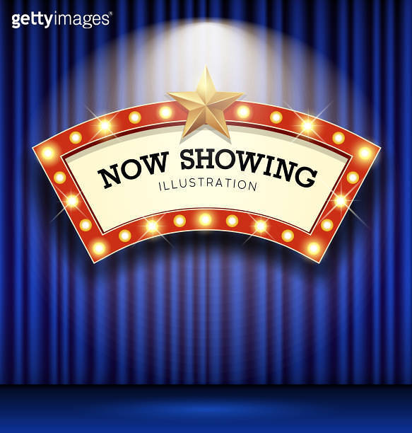 Cinema Theater curve sign blue curtain light up banner design ...