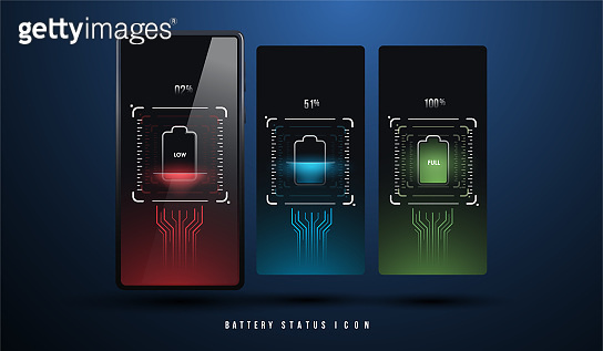 Battery charge level indicators for smartphon UI. Discharged and fully ...