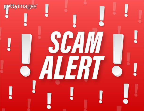 Banner with red scam alert. Attention sign. Cyber security icon ...