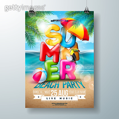 Vector Summer Beach Party Flyer Design with 3d Typography Letter and ...