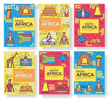 South Africa vector brochure cards thin line set. Country template of ...
