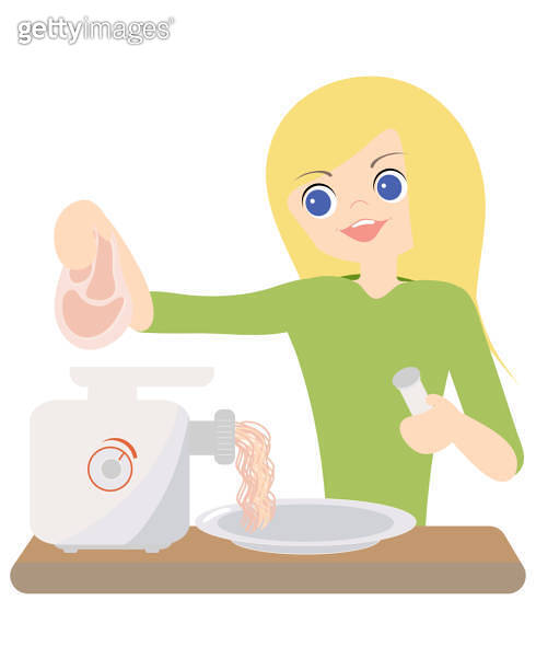 A woman uses a meat grinder in the kitchen. Young girl grinds meat in a ...