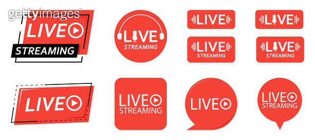 Set of live streaming icons. Red symbols and buttons of live streaming ...