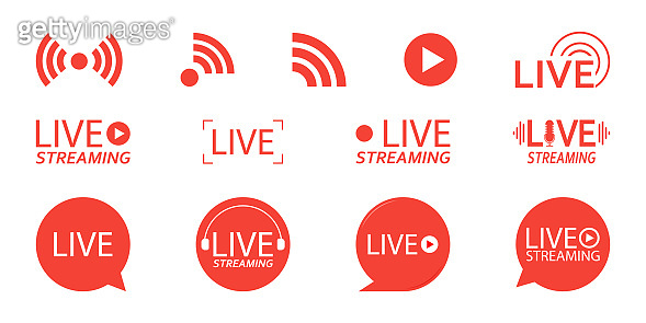 Set of live streaming icons. Red symbols and buttons of live streaming, broadcasting, online ...