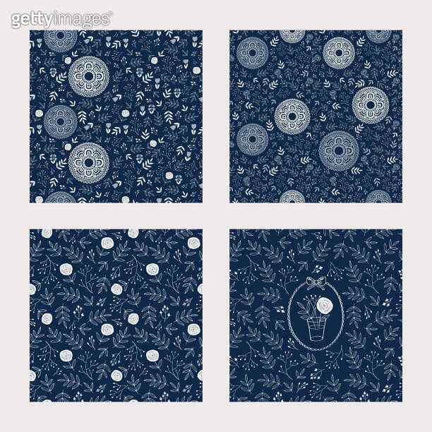 Seamless pretty indigo patterns with decorative flowers and leaves. 이미지 ...