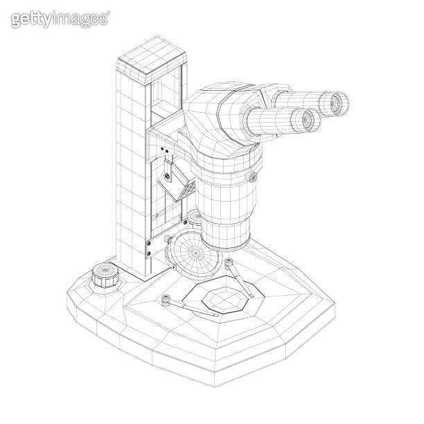 Wireframe of a microscope made of black lines isolated on a white ...